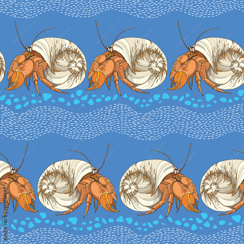 Seamless Pattern With Hermit Crab In The Round Shell On The Blue