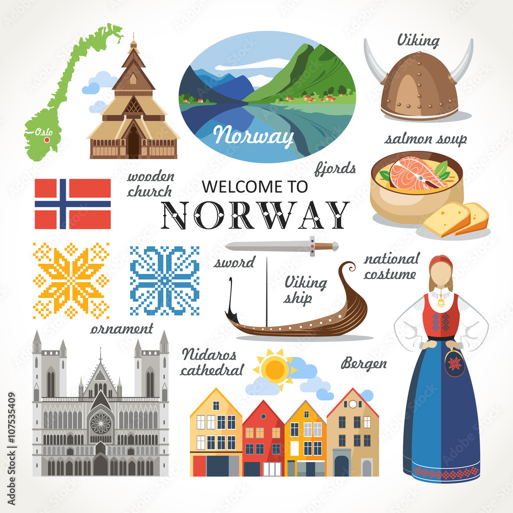 Welcome to Norway objects set Stock Vector | Adobe Stock