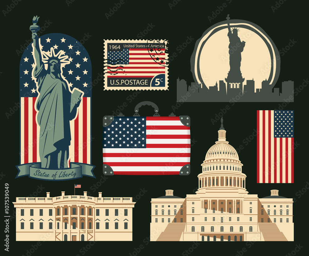 set of symbols and architectural landmarks of the United States of ...