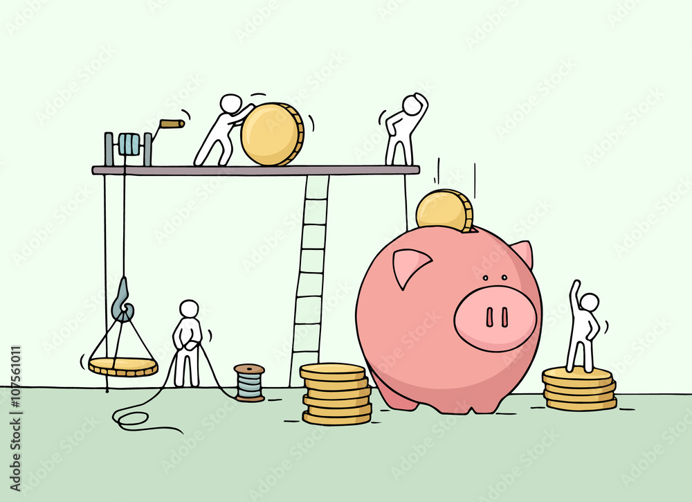 Sketch of save coins in moneybox with working little people. Doodle ...