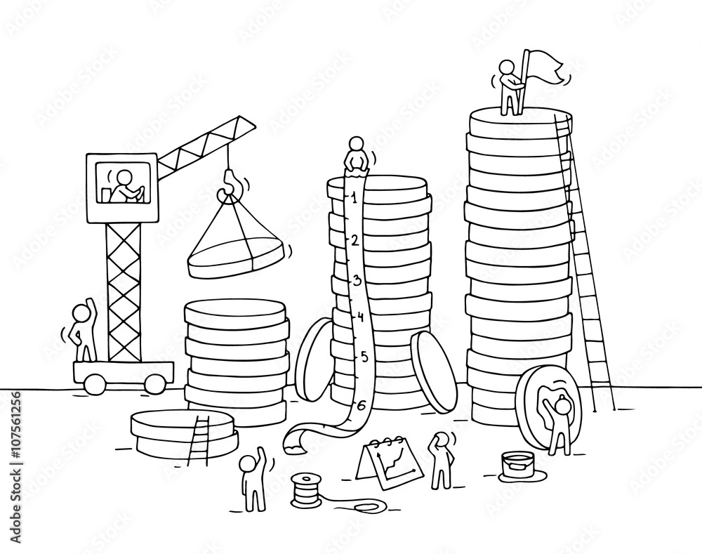 Sketch of stack of coins with working little people, crane. Doodle cute ...