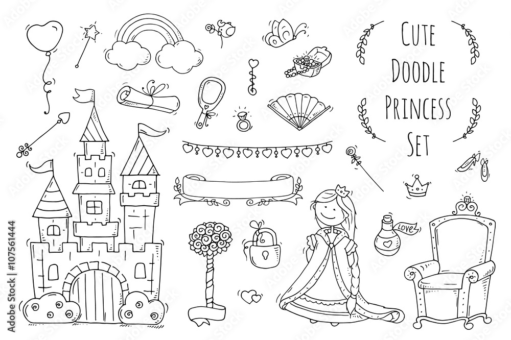 Cute cartoon princess collection with throne, castle, jewerly, crown ...