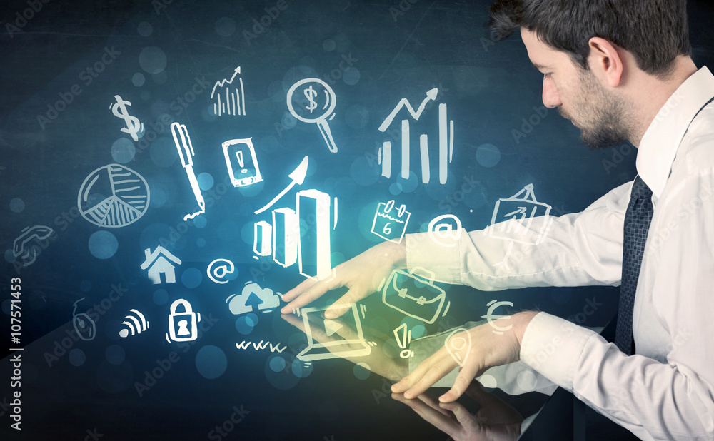 Man touching technology smart table with business icons Stock Photo ...