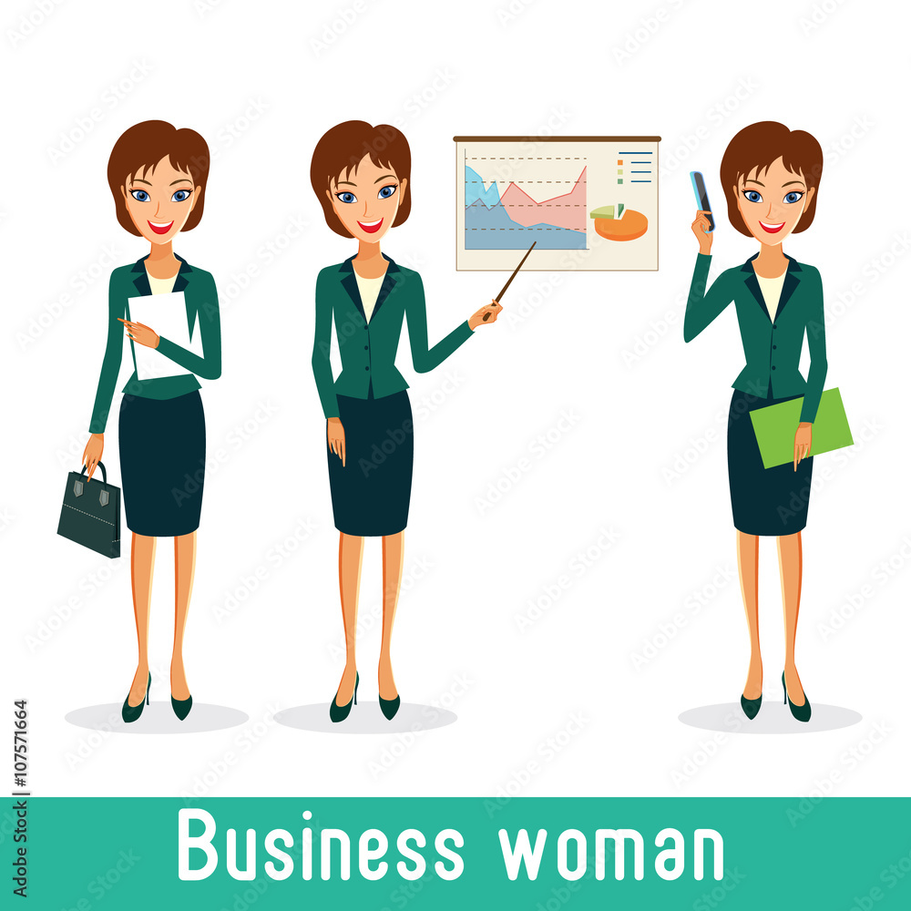 Business woman character vector set. Working female in office. Cheerful ...