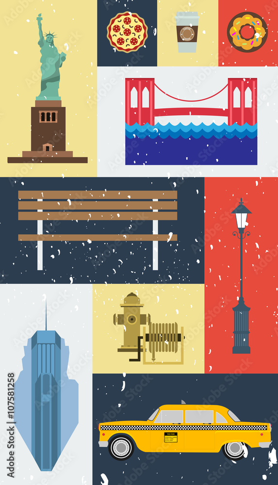 Grunge vector New York city street icon set. A set of New York symbols ...