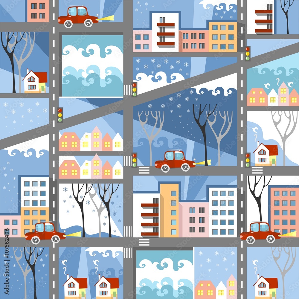 Cute cartoon winter city map. Vector illustration. Stock Vector | Adobe ...