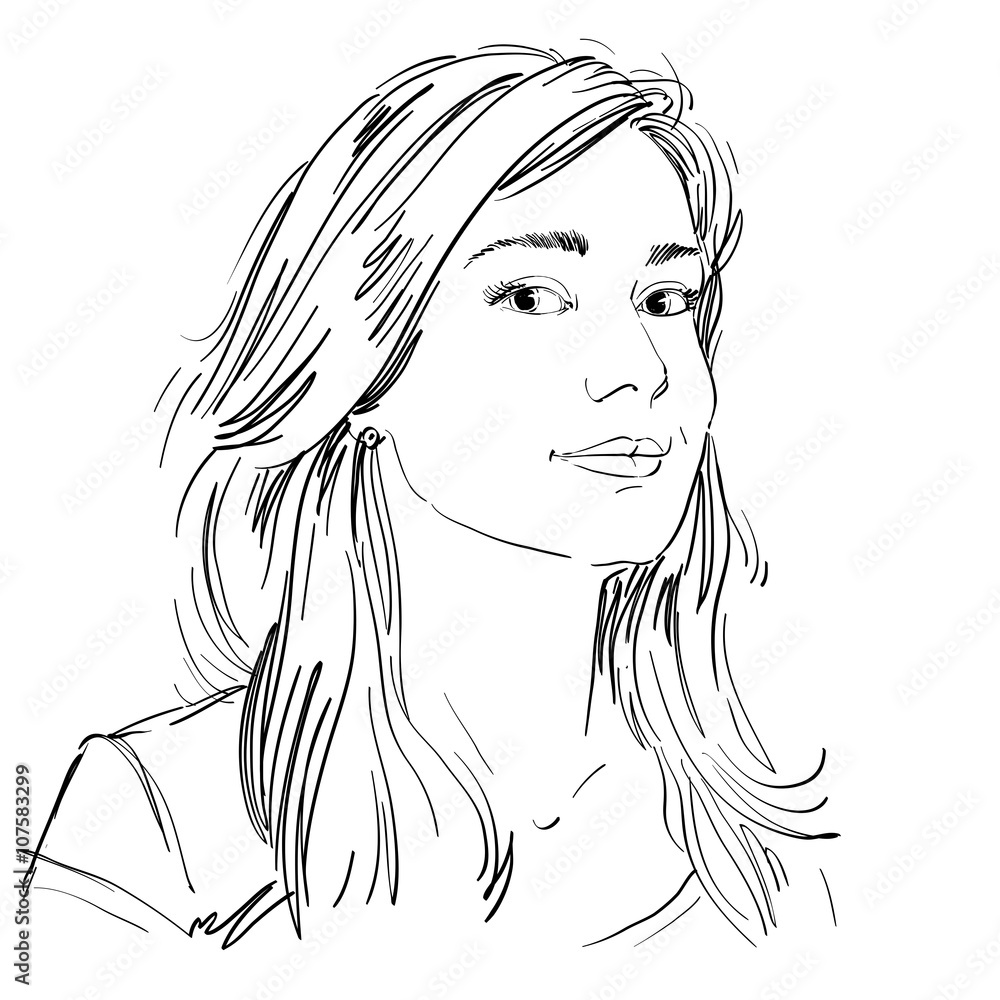 Vector art drawing, portrait of gorgeous dreamy girl isolated Stock ...
