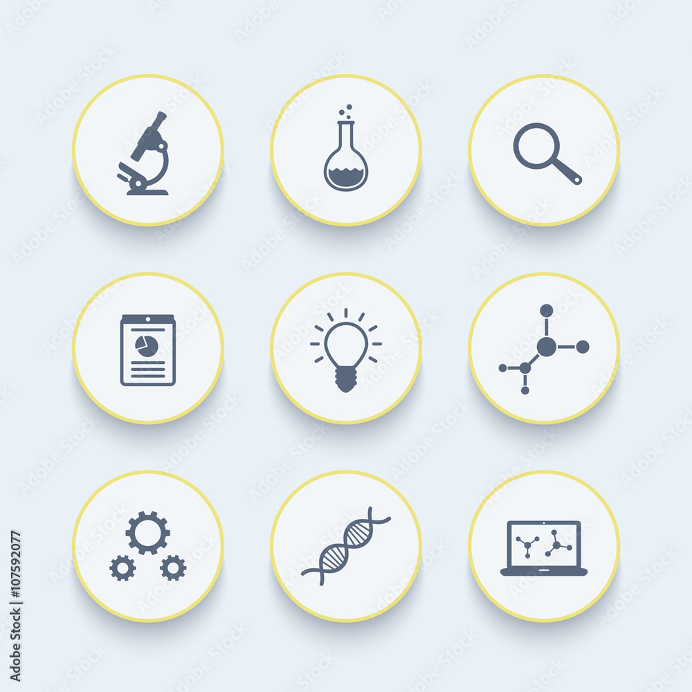 Science icons, research, laboratory, microscope, dna chain, lab glass ...