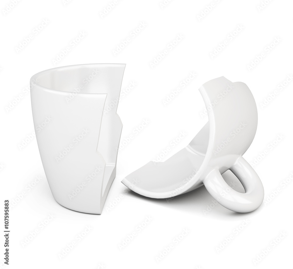 Broken in half a cup isolated on white background. 3d rendering. Stock ...