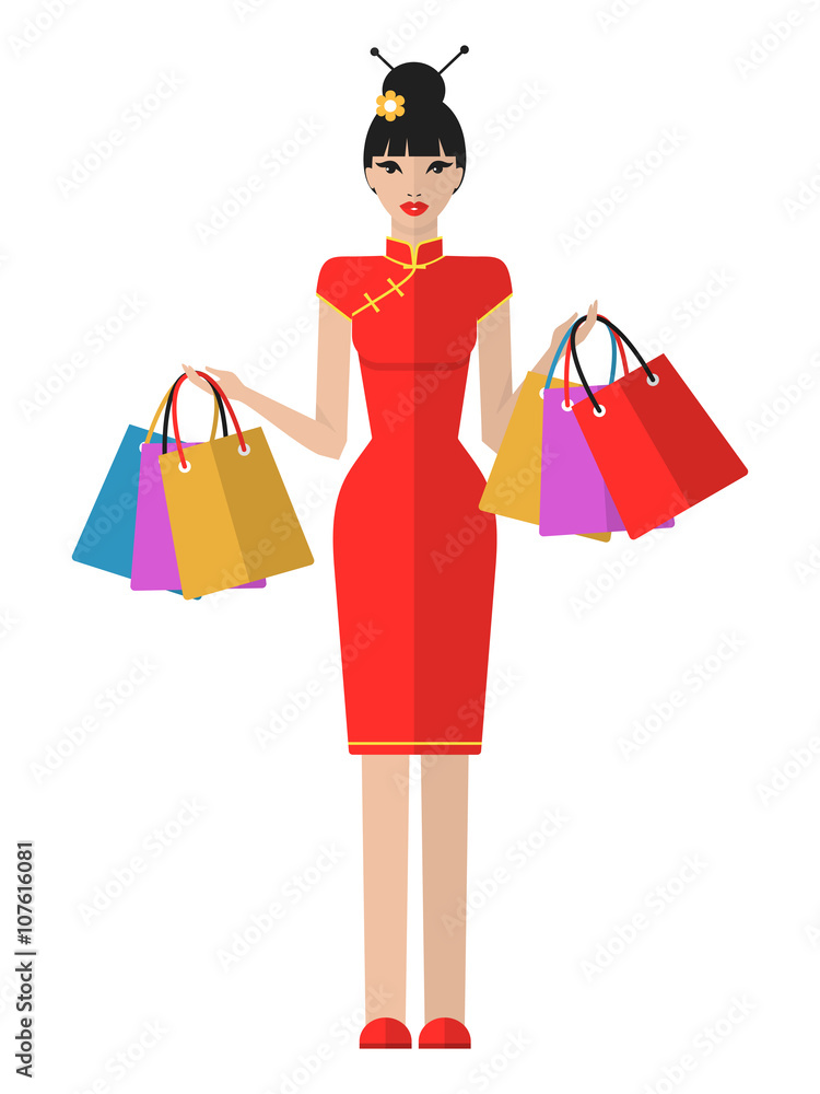 Vector flat illustration of a beautiful young asian woman with shopping ...