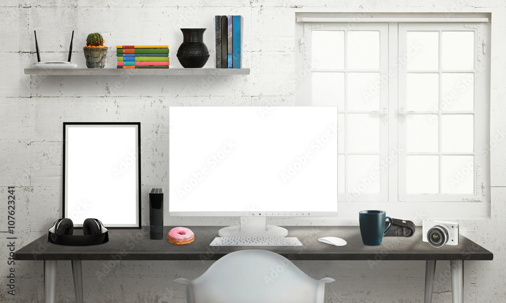 Computer display on office desk. Isolated, white screen for mockup ...