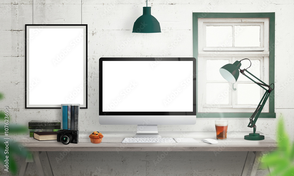 Computer display on office desk. Isolated, white screen for mockup ...