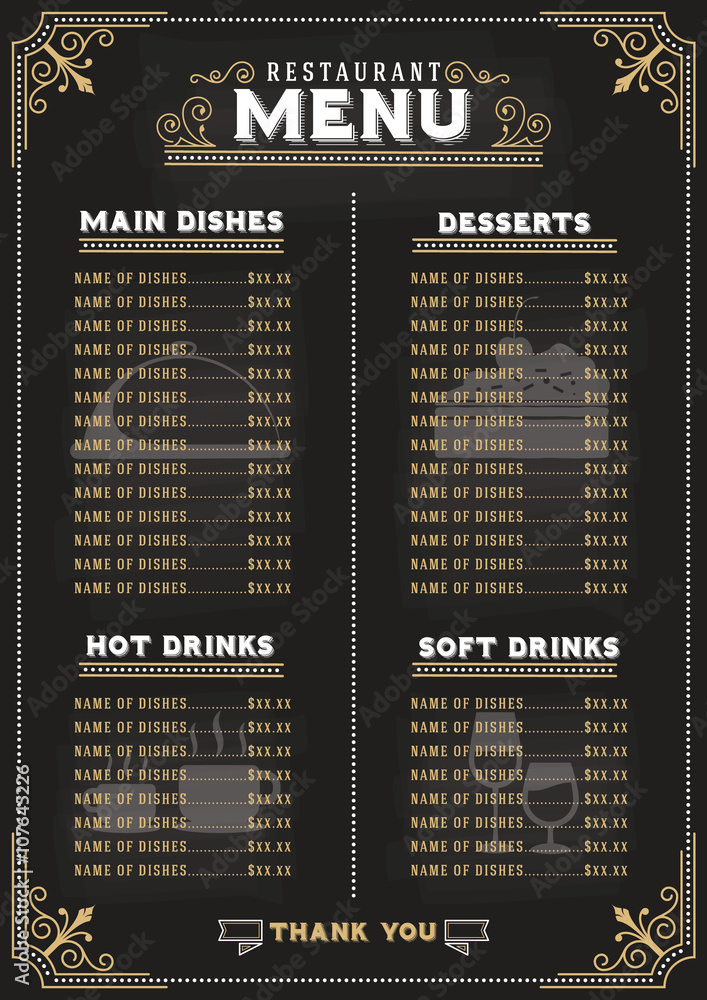 Luxury food menu on chalkboard background for restaurant. Vector ...