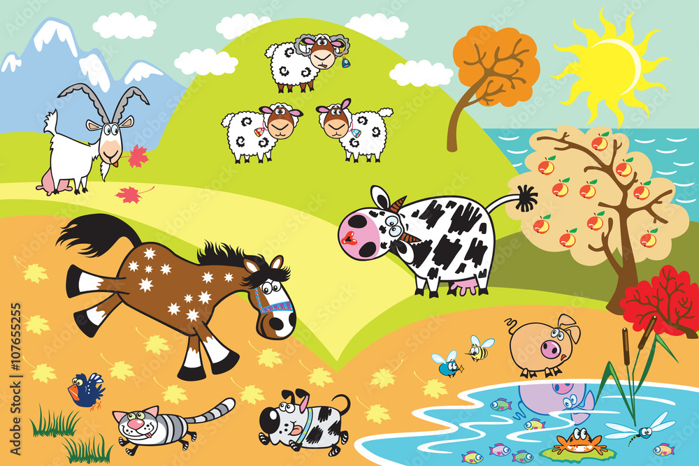 cartoon domestic animals:sheep,cow,goat,horse,pig, dog and cat in the ...