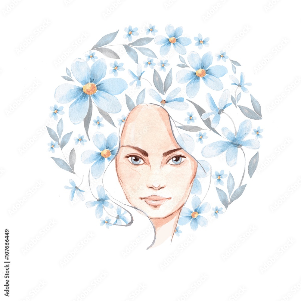 Face of spring 2. Beautiful female face and flowers. Hand-drawn ...