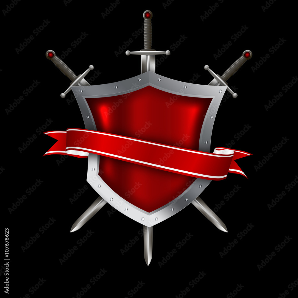 Medieval riveted shield with red ribbon and swords. Stock Illustration ...