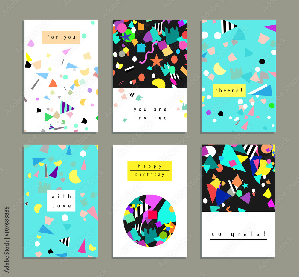 Collection of party cards and invitations. Birthday backgrounds Stock ...