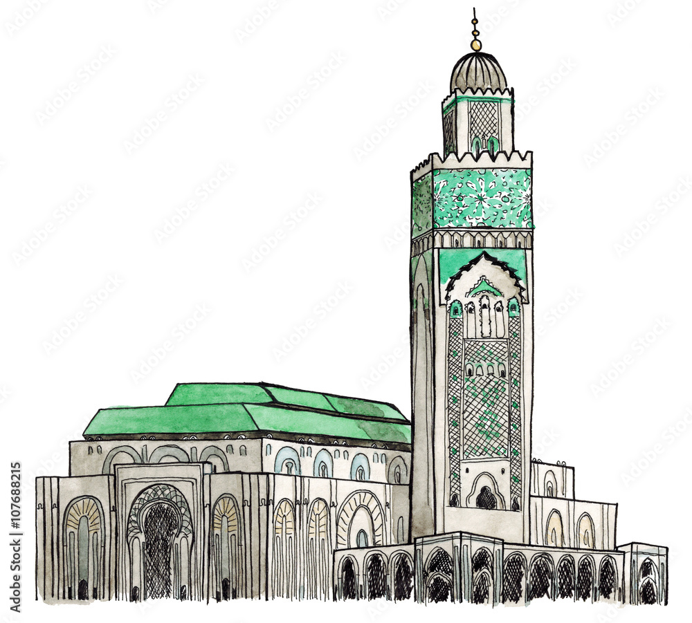 Watercolor Hand drawn sketch of Koutoubia mosque in Morocco Marrakech ...