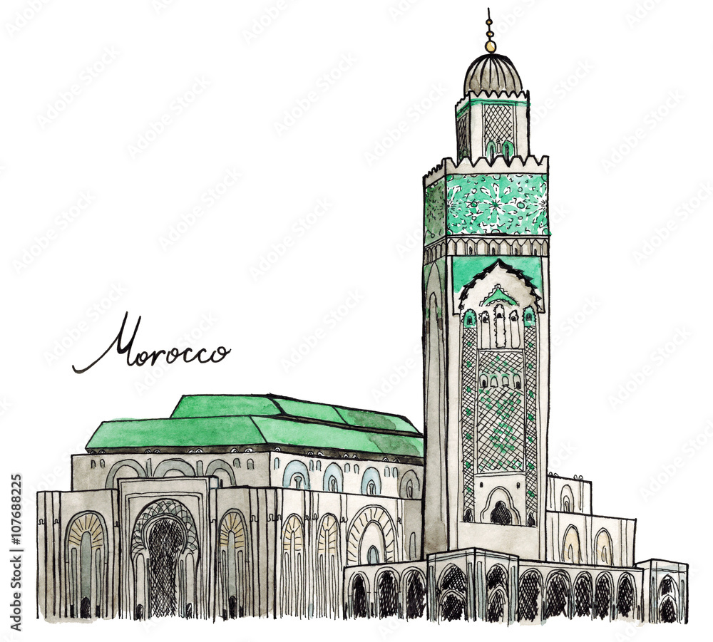 Watercolor Hand drawn sketch of Koutoubia mosque in Morocco Marrakech ...