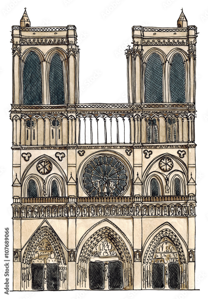Watercolor Hand drawn architecture sketch of Notre Dame Paris France ...