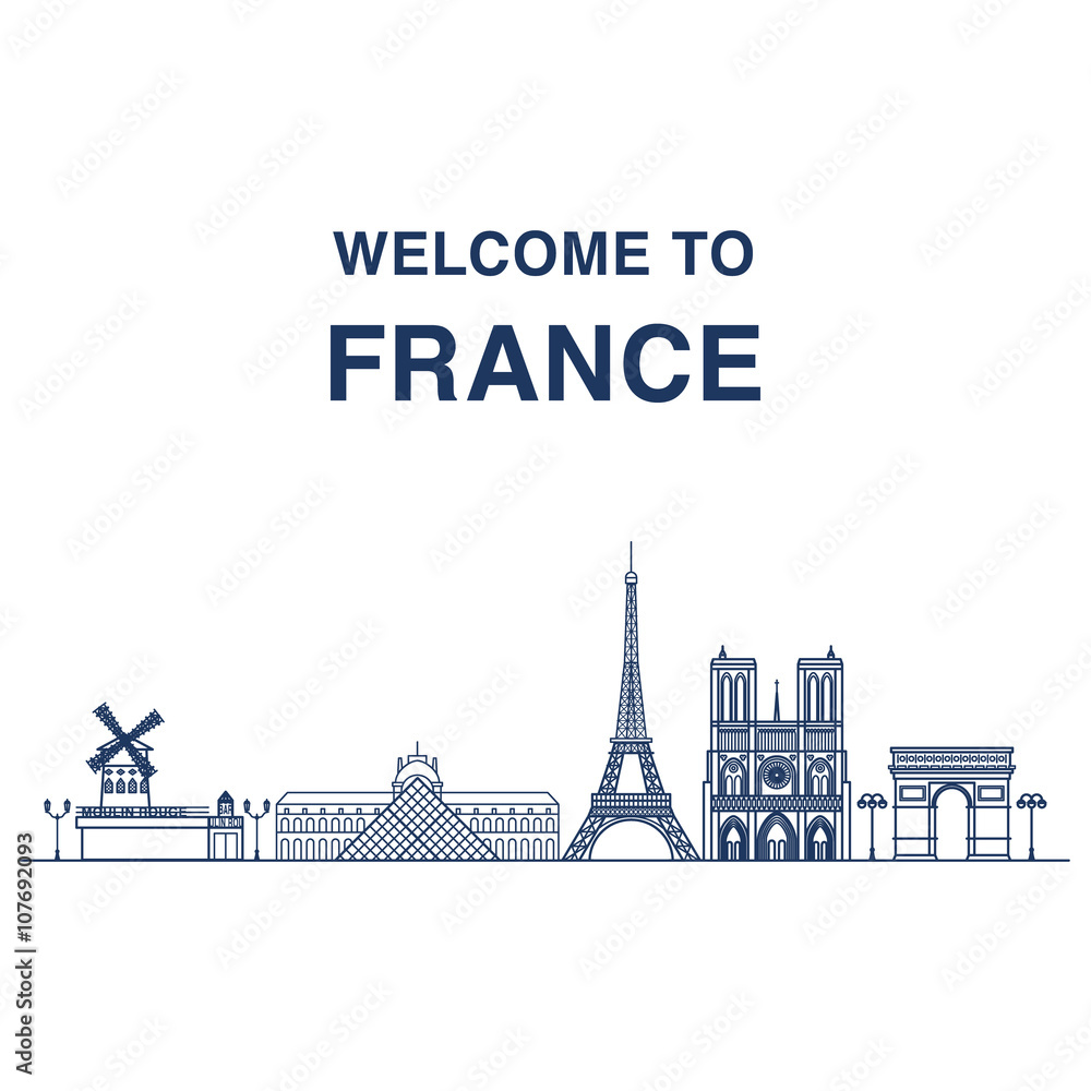 Poster Welcome to France banner with outline illustrations of famous ...