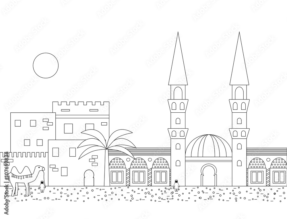 Islamic outline cityscape with houses, mosque and minaret Stock Vector ...