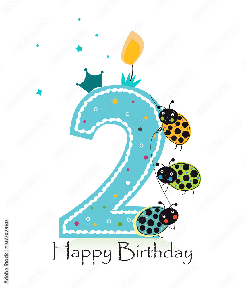 Happy second birthday candle. Baby boy greeting card with ladybird ...
