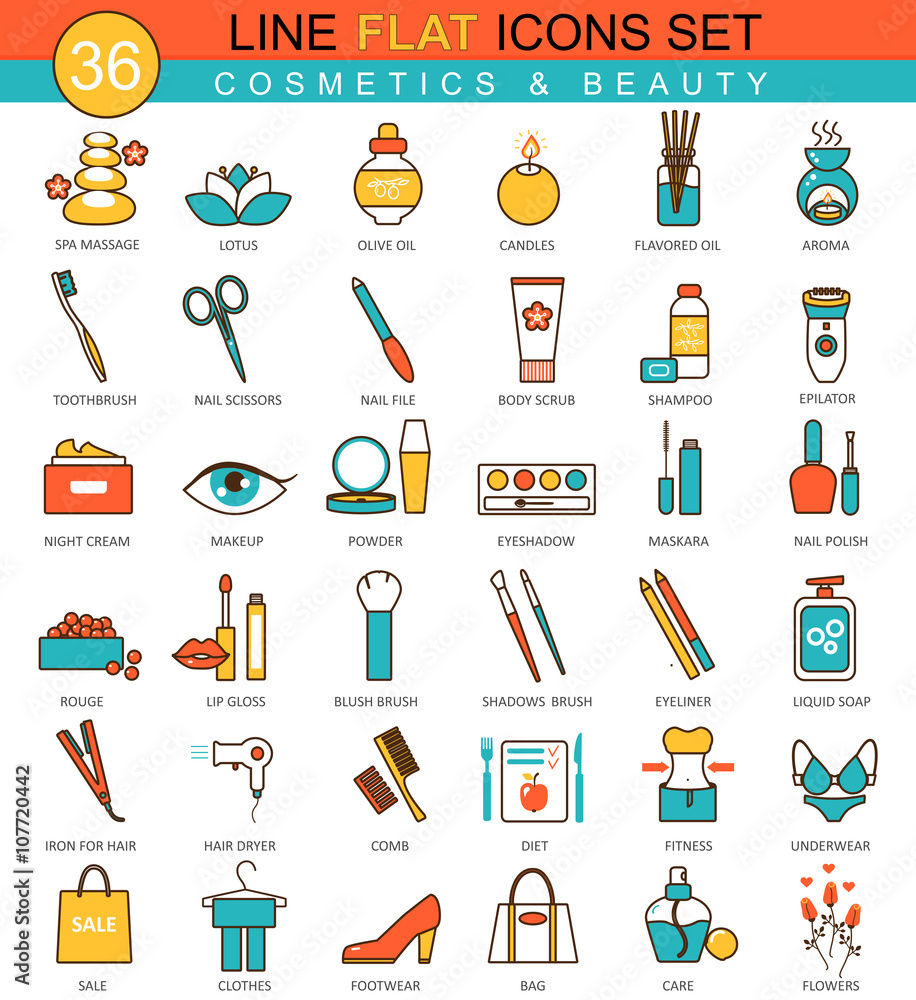 Vector Beauty and cosmetics flat line icon set. Modern elegant style ...
