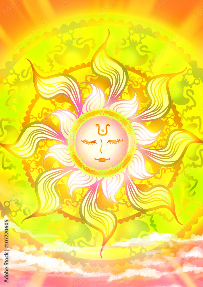 Cartoon illustration of a sun god in the sky with shinning sunlight ...