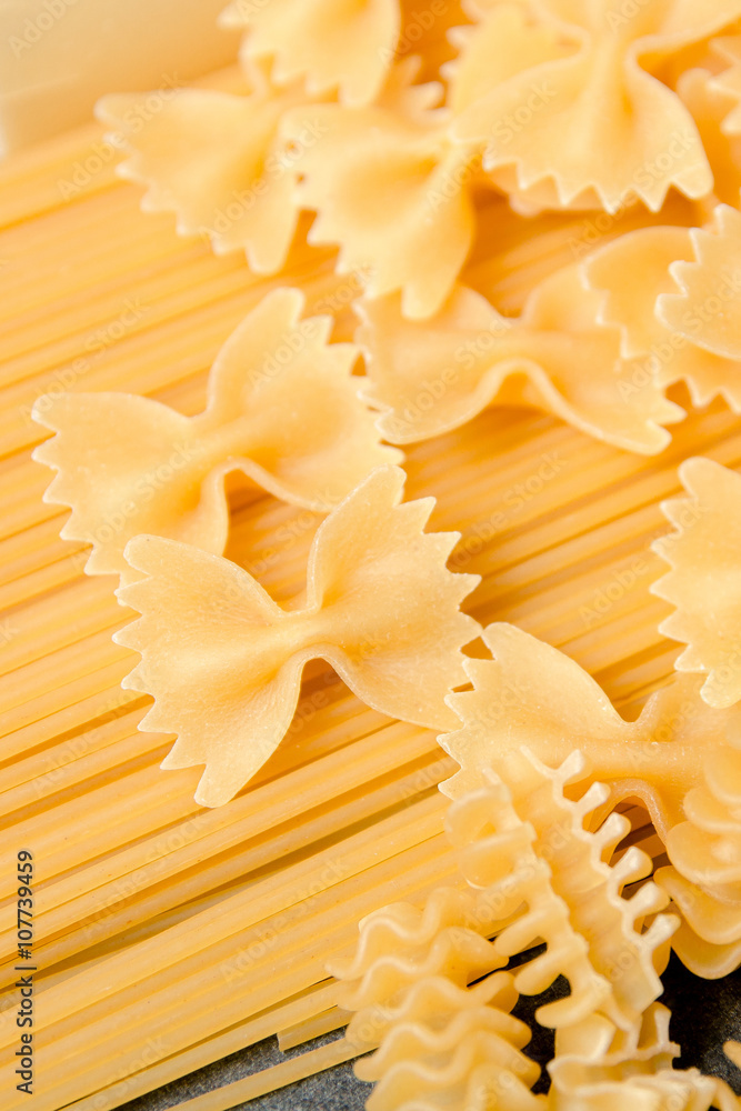 Variety of types and shapes of Italian pasta. Dry pasta background ...