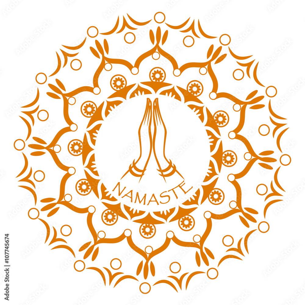 Praying hands with decorative indian ornament mandala. Namaste mudra ...