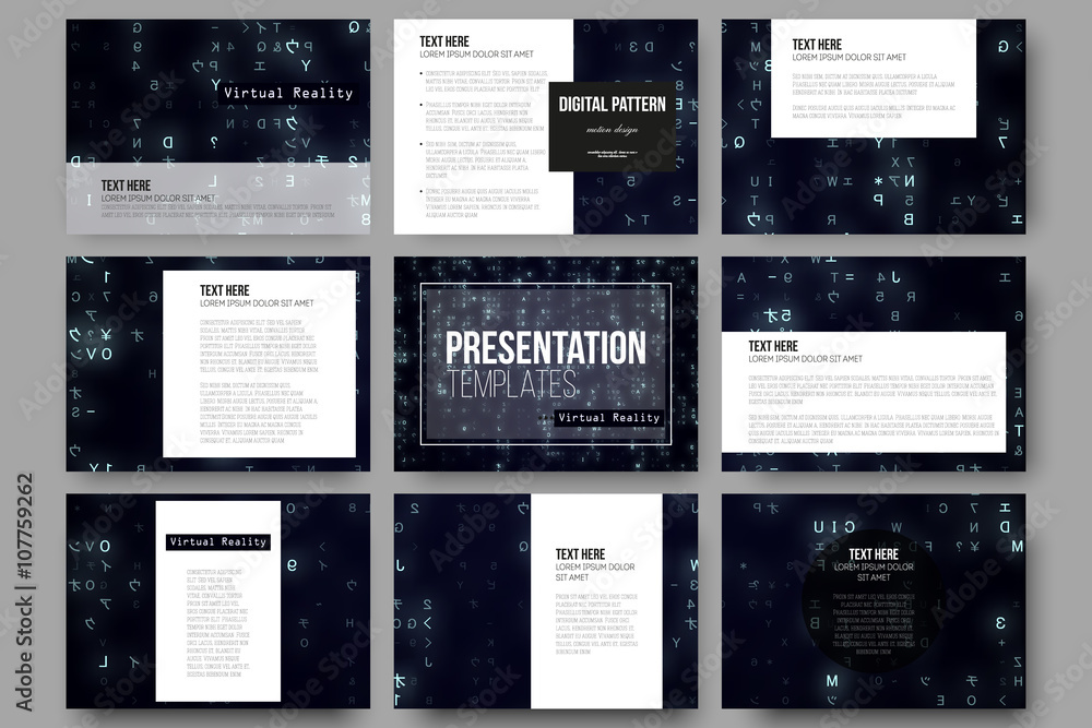 Set of 9 templates for presentation slides. Virtual reality, abstract ...