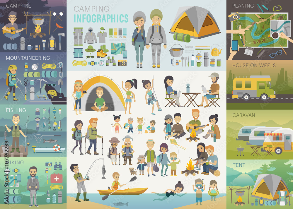Camping Infographic set with people and objects. Stock Vector | Adobe Stock