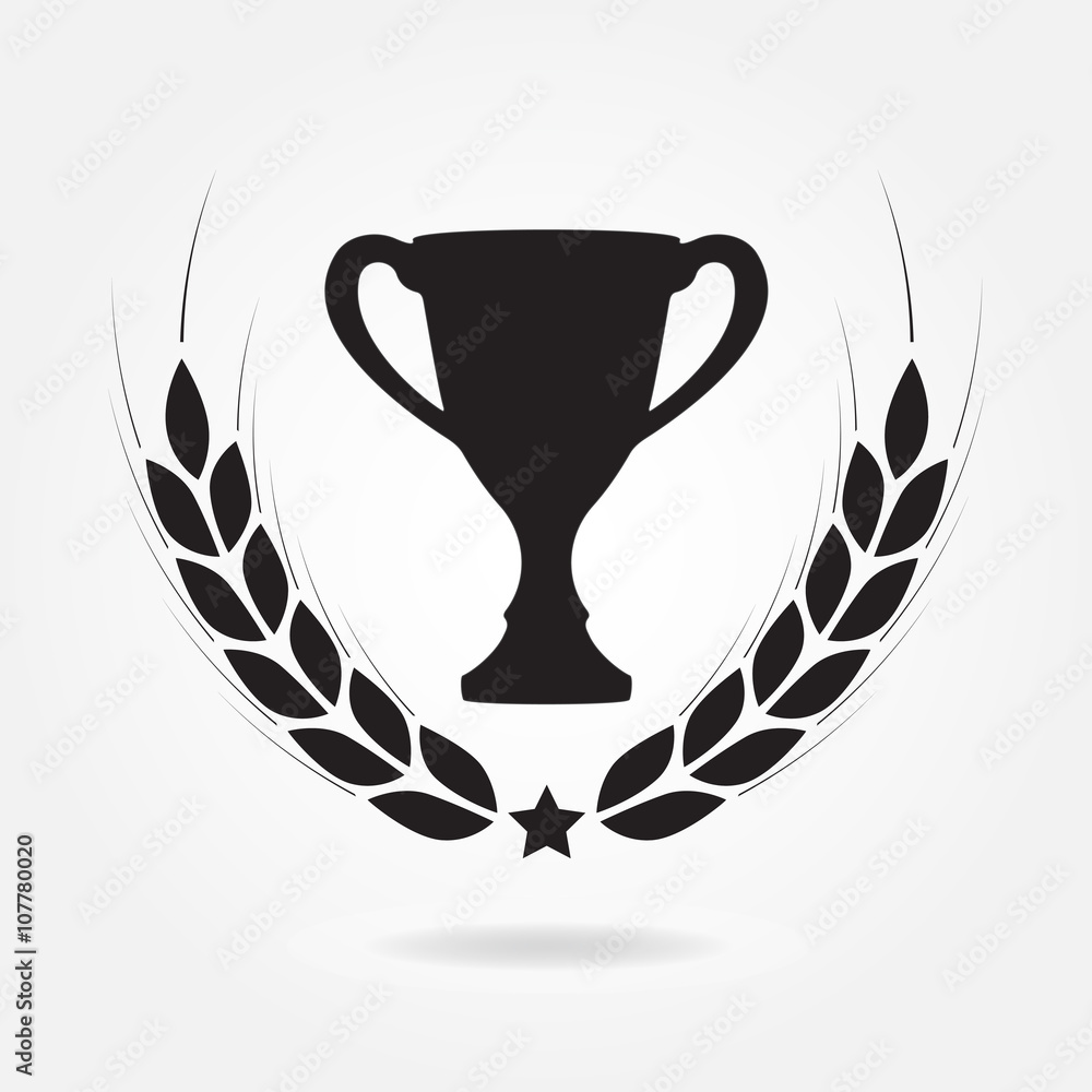 Laurel wreath and trophy cup. Award icon or sign. Black symbol on white ...