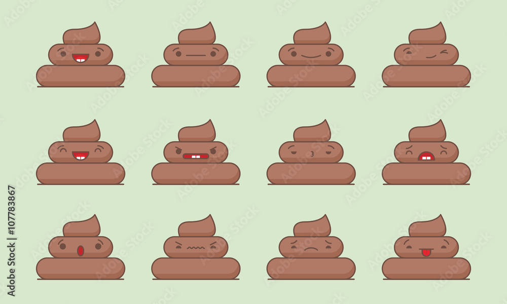 Set of vector kawaii poop emoticons. Isolated on green background ...