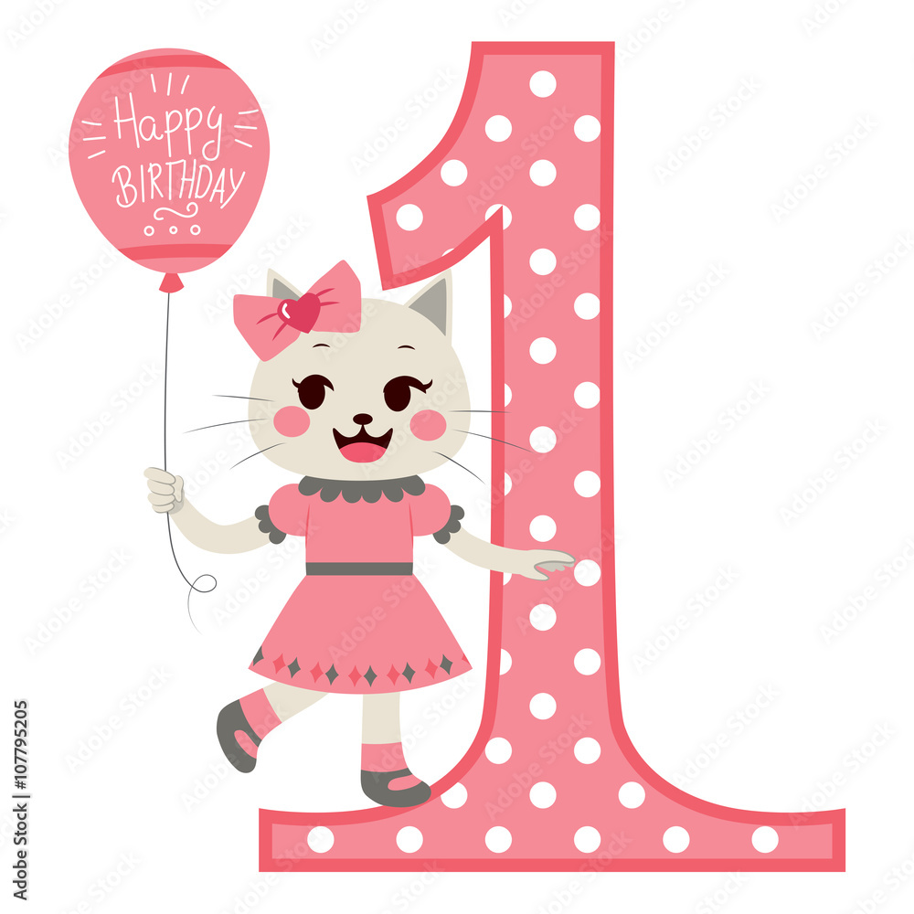 Cute little cat girl wearing pink dress holding balloon with happy ...