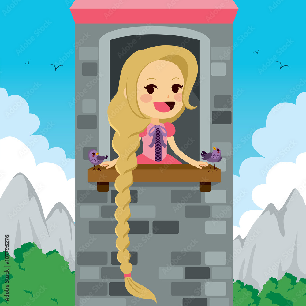 Princess Rapunzel in tower waiting for Prince with bird friends Stock ...