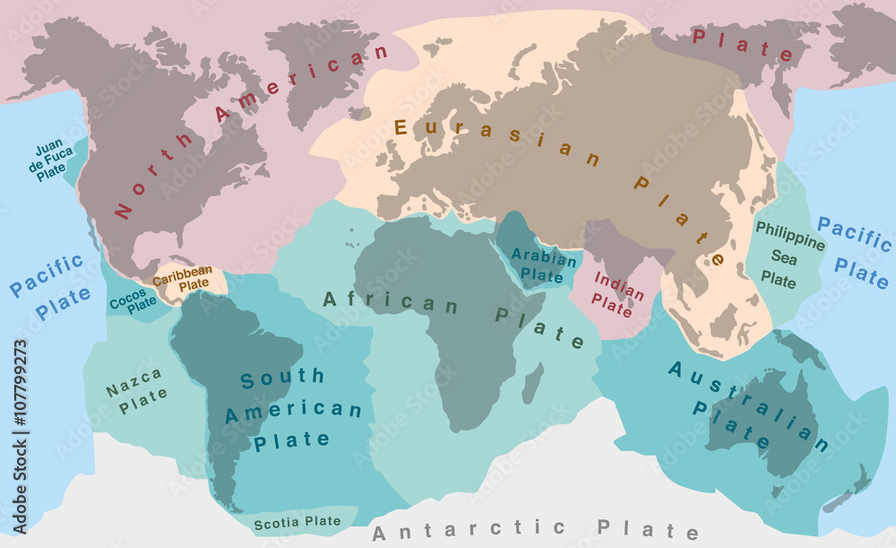 Tectonic plates of planet earth - map with names of major an minor ...