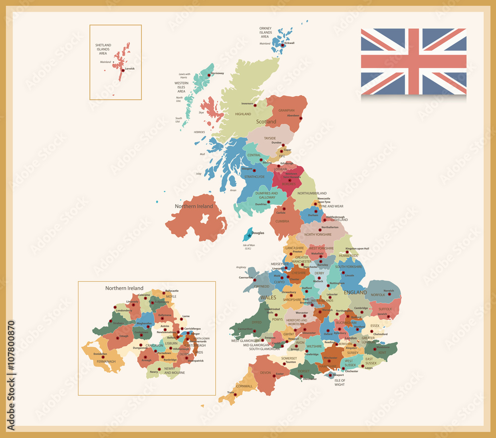 Vintage Color Political map of the Great Britain Stock Vector | Adobe Stock