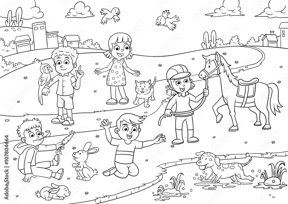 child and pet in the park cartoon for coloring Stock Vector | Adobe Stock