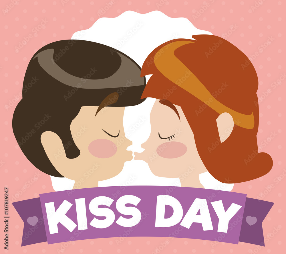 Cartoon Couple Kissing behind a Commemorative Kiss Day Ribbon, Vector ...
