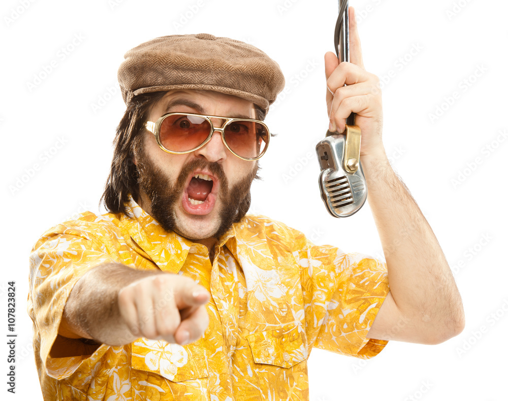 Foto de 1970s vintage show man sing with hawaiian shirt and microphone ...