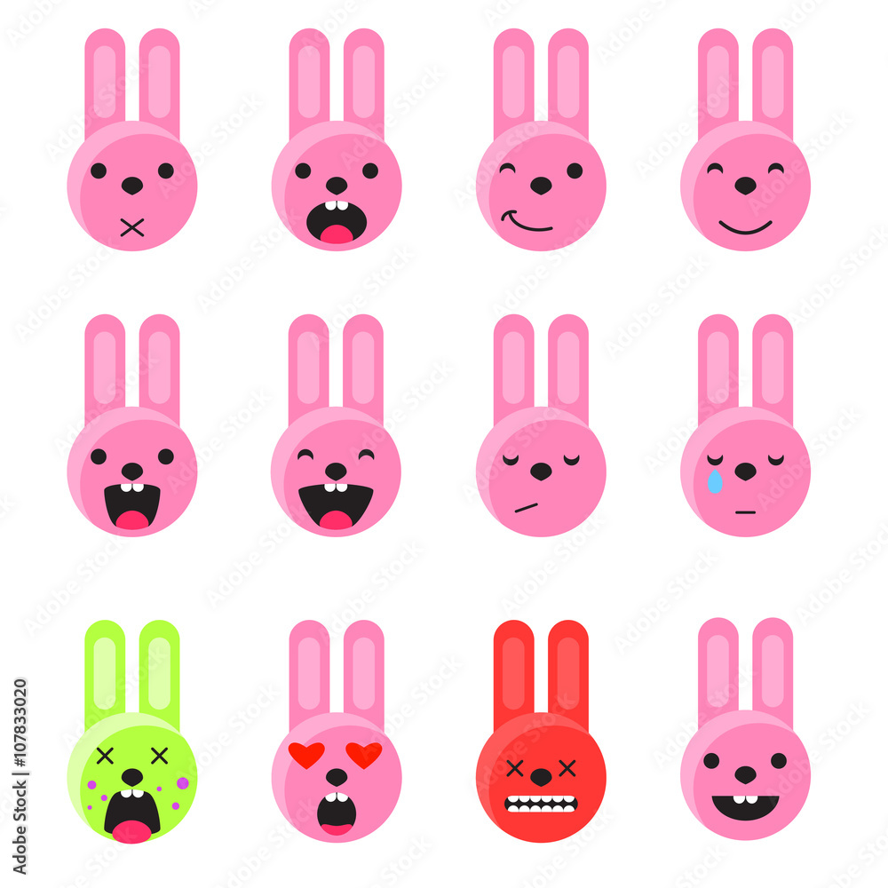 Bunny smile emoji set. Emoticon icon flat style vector set. Expression ...