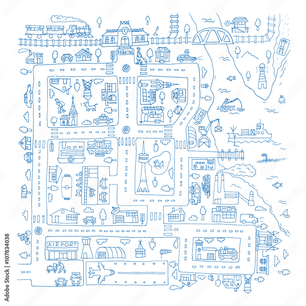 Doodle city map. Isolated. Stock Vector | Adobe Stock