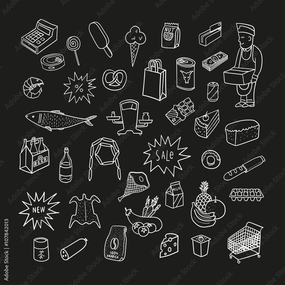 Hand drawn collection of supermarket symbols. Food, drinks, bake Stock ...