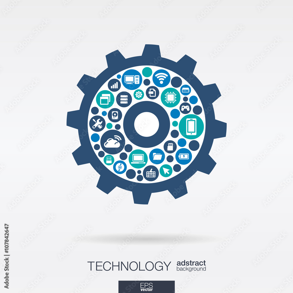 Color circles, flat icons in cogwheel shape, technology, cloud ...