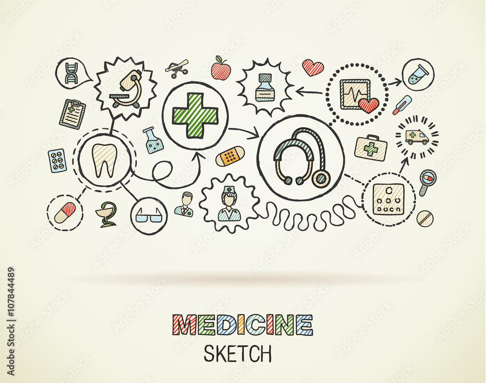 Medical hand draw integrated icon set on paper. Colorful vector sketch ...