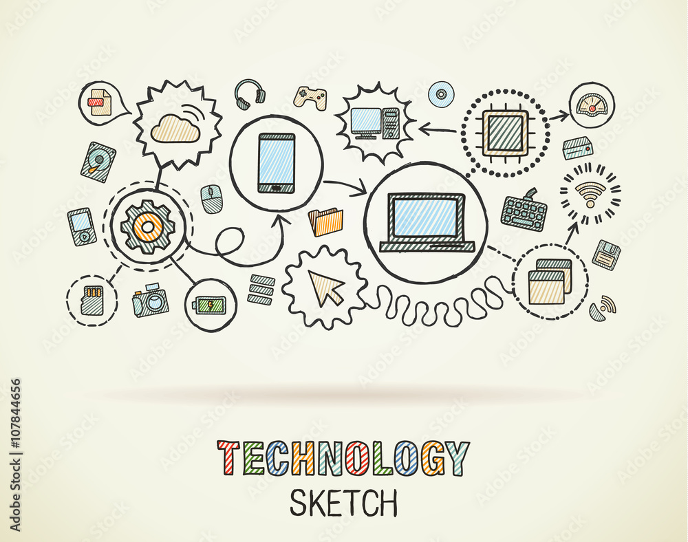 Technology hand draw integrate icons set on paper. Colorful vector ...