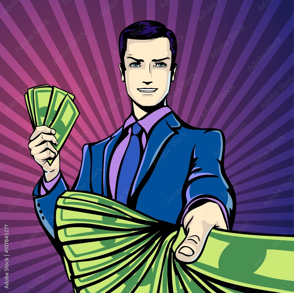 Vector illustration of successful businessman smiling counting money ...