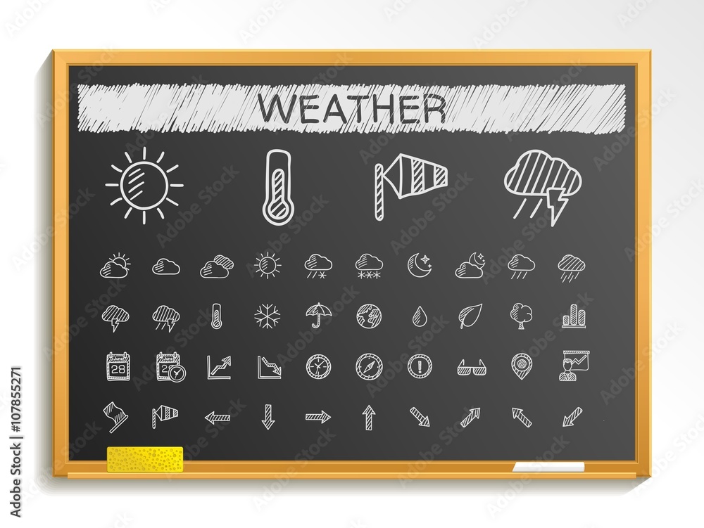 Weather hand drawing line icons. Vector doodle pictogram set. chalk ...